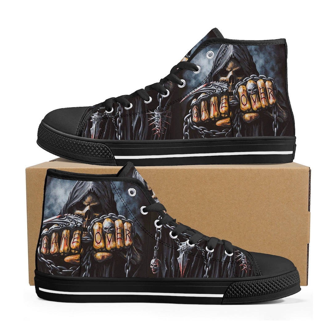 Grim Reaper Game Over Skull Canvas Shoes, Reaper Skull High Top Shoes ...