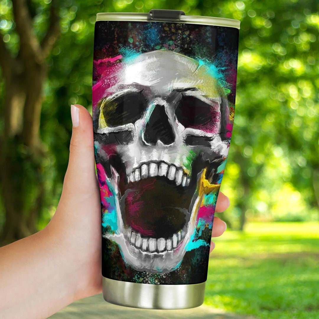 Biker Skull Travel Mug, Skull in Fire Freezer Mug, Skeleton Mug, Skull ...