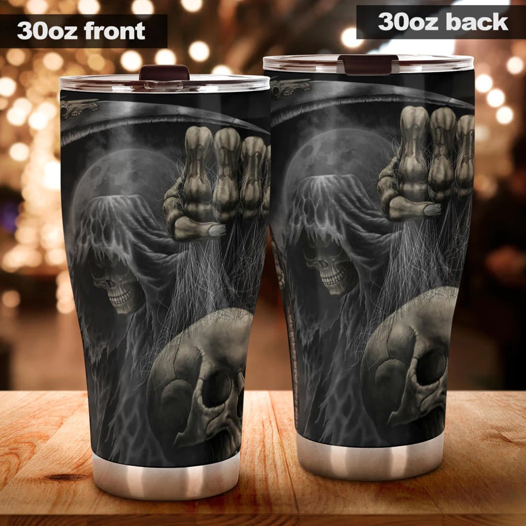 Grim Reaper Skull Tumbler Cup Mug, Horror Travel Mug, Biker Skull Beer ...
