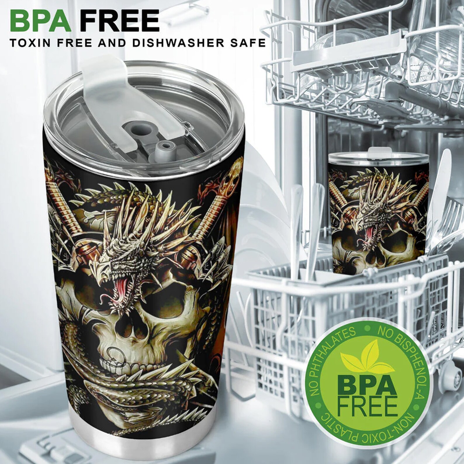 Dragon Skull Tumbler Cup Mug, Skull in Fire Coffee Mug, Evil Beer Mug ...