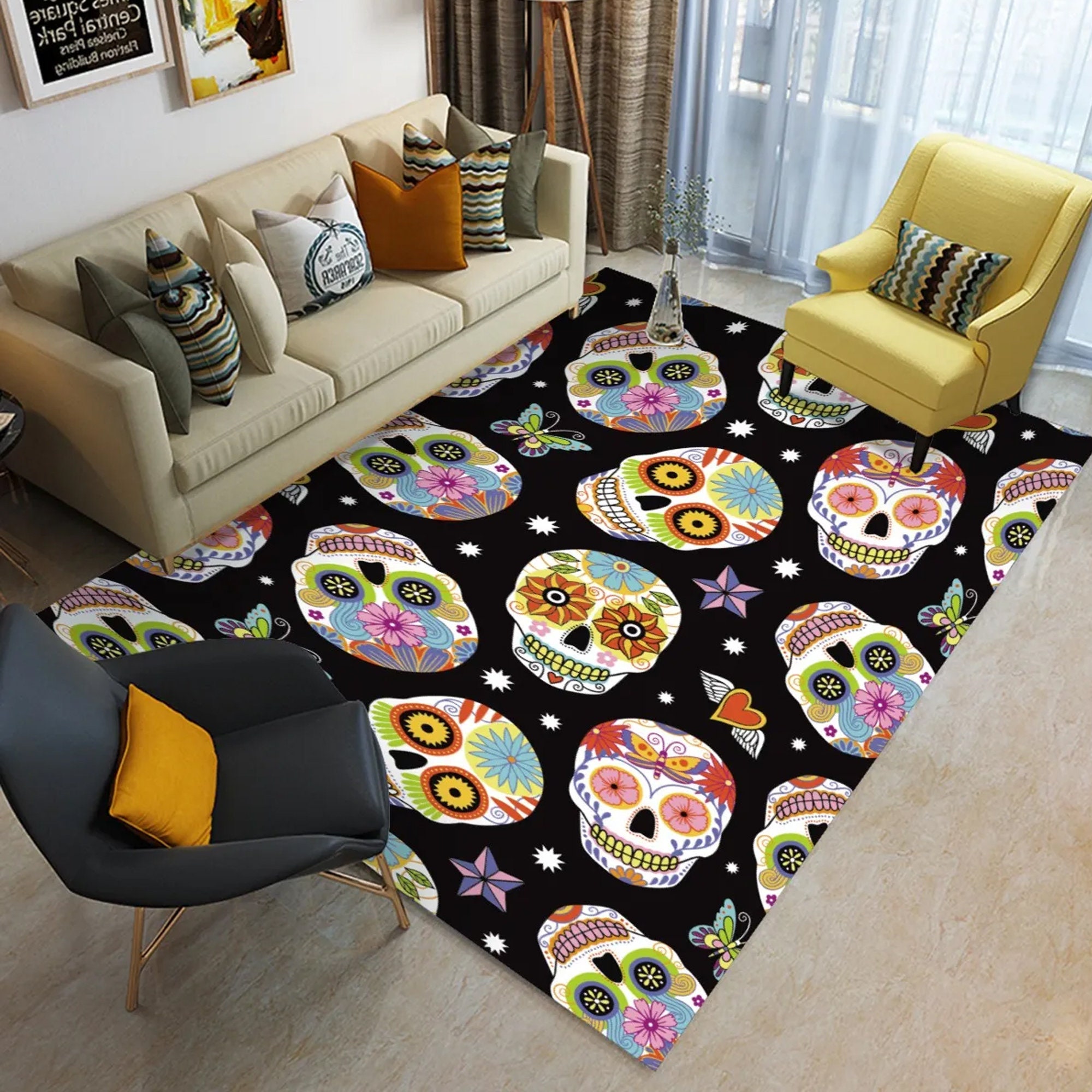 Dia De Los Muertos Skull Foldable Rectangular Floor Mat, Floral Sugar ...