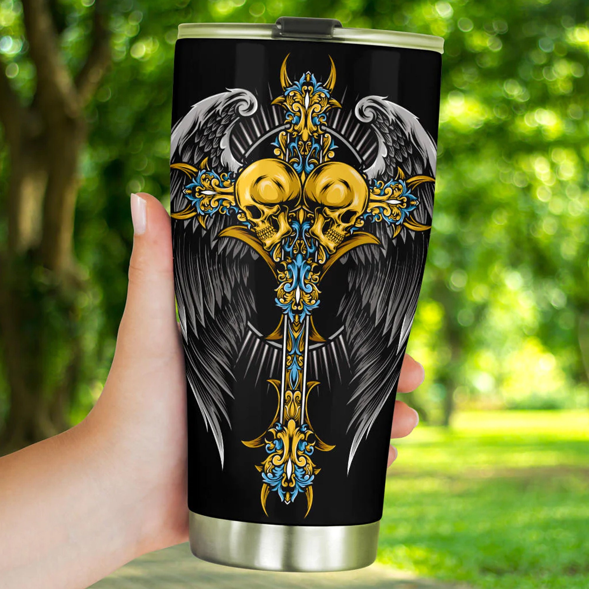 Wing Sword Skull Tumbler, Goth Skull Cup Mug, Skull Travel Tumbler ...