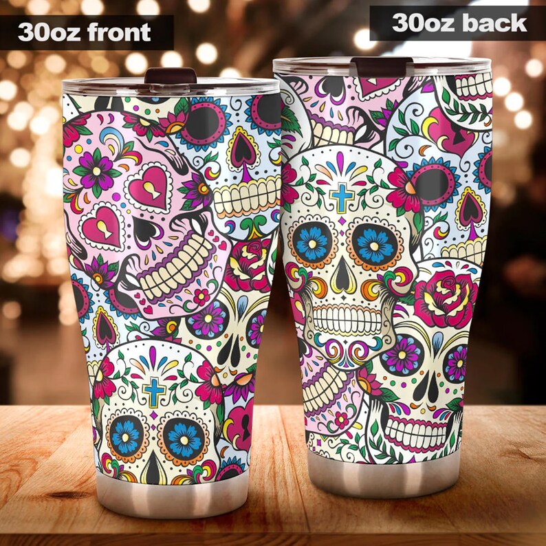 Mexican Calaveras Skull Tumbler Mug Cup, Candy Skull Cup Mug Tumbler ...