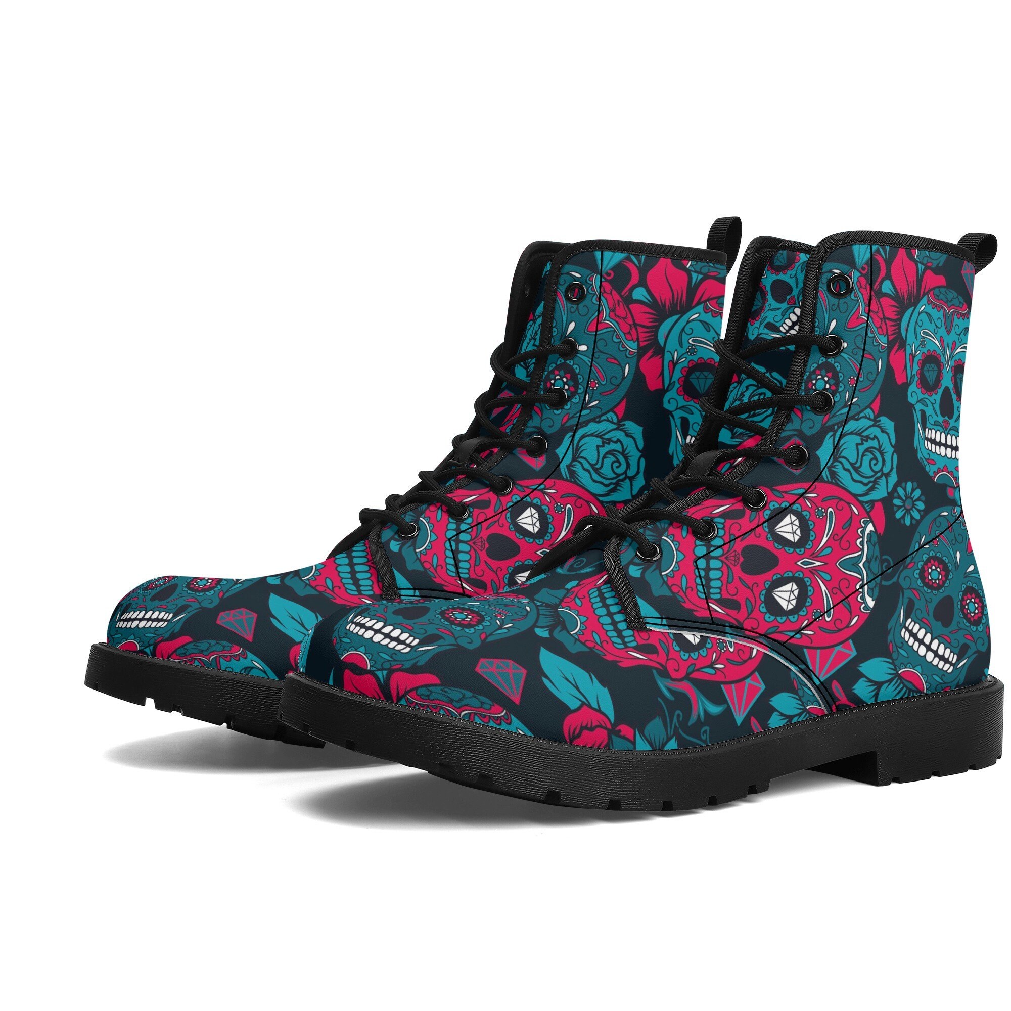 Mexico Sugar Skull Leather Boots, Candy Skull Boots for Men Women Skull ...
