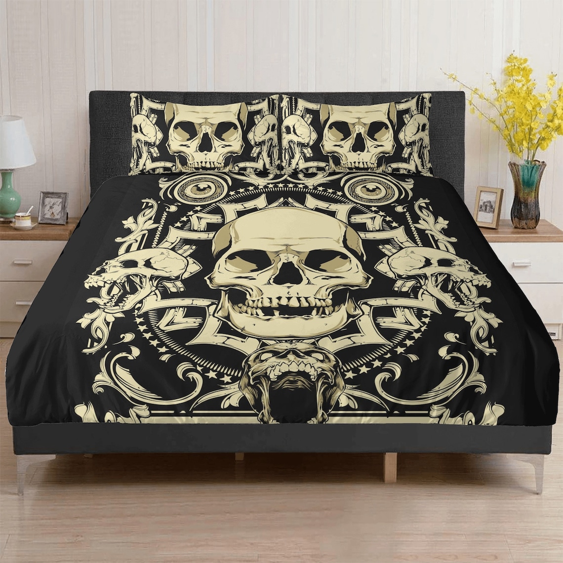 4pcs Horror Skull Bedding Set, Gothic Skeleton Duvet Cover Set ...