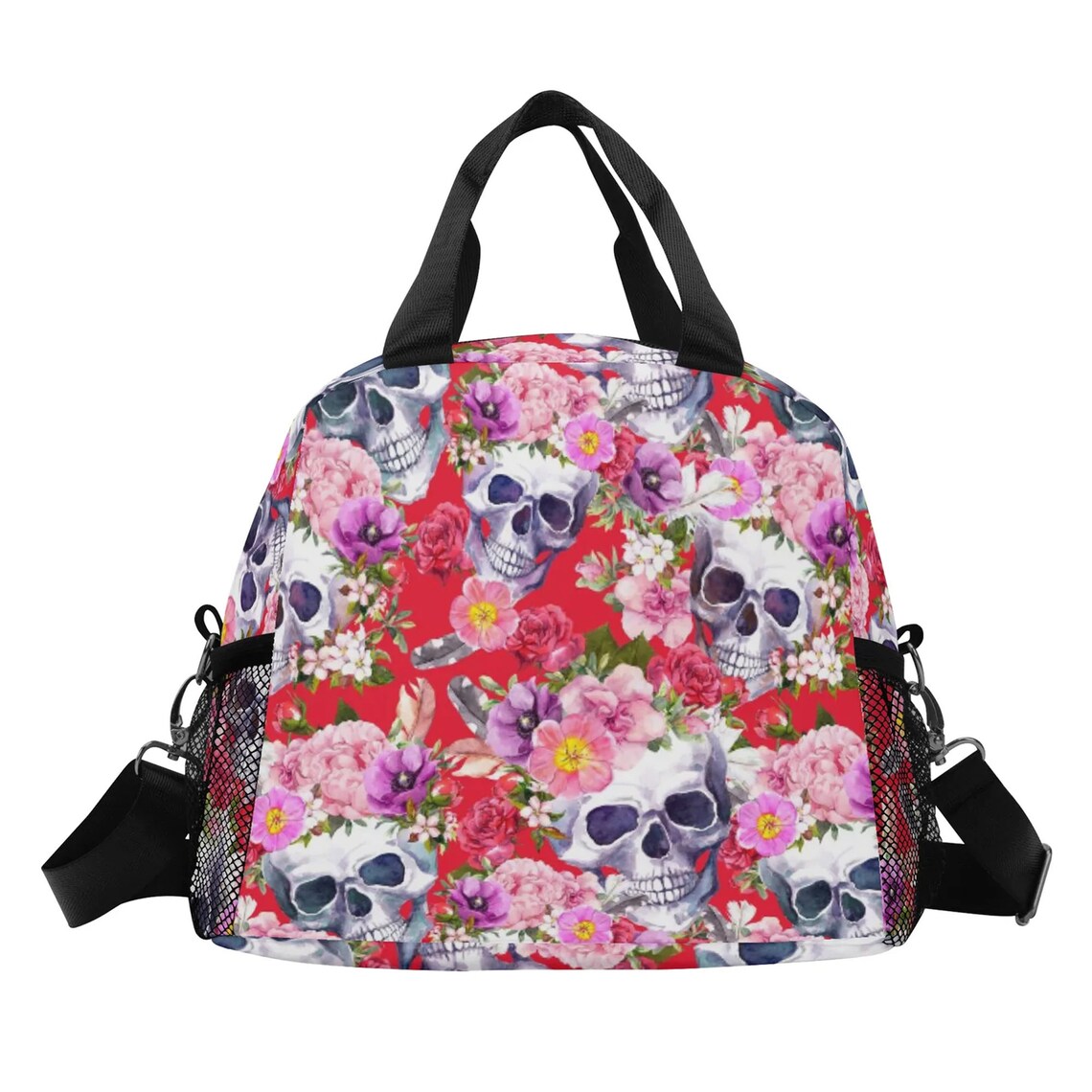Floral Skull Lunch Bag, Day of the Dead Lunch Bag, Rose Skull Lunch Box ...