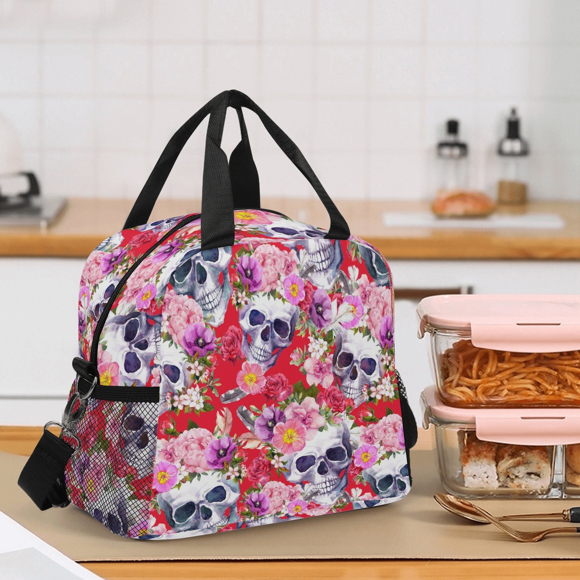 Floral Skull Lunch Bag, Day of the Dead Lunch Bag, Rose Skull Lunch Box ...