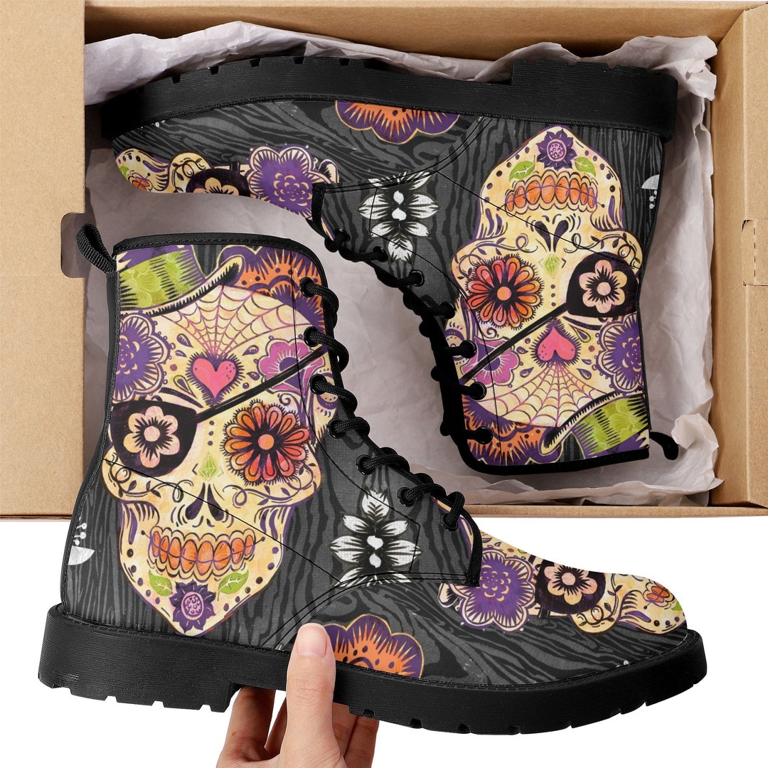 Floral Skull Boots, Floral Skull Men Women Boots, Sugar Skull Boots for ...