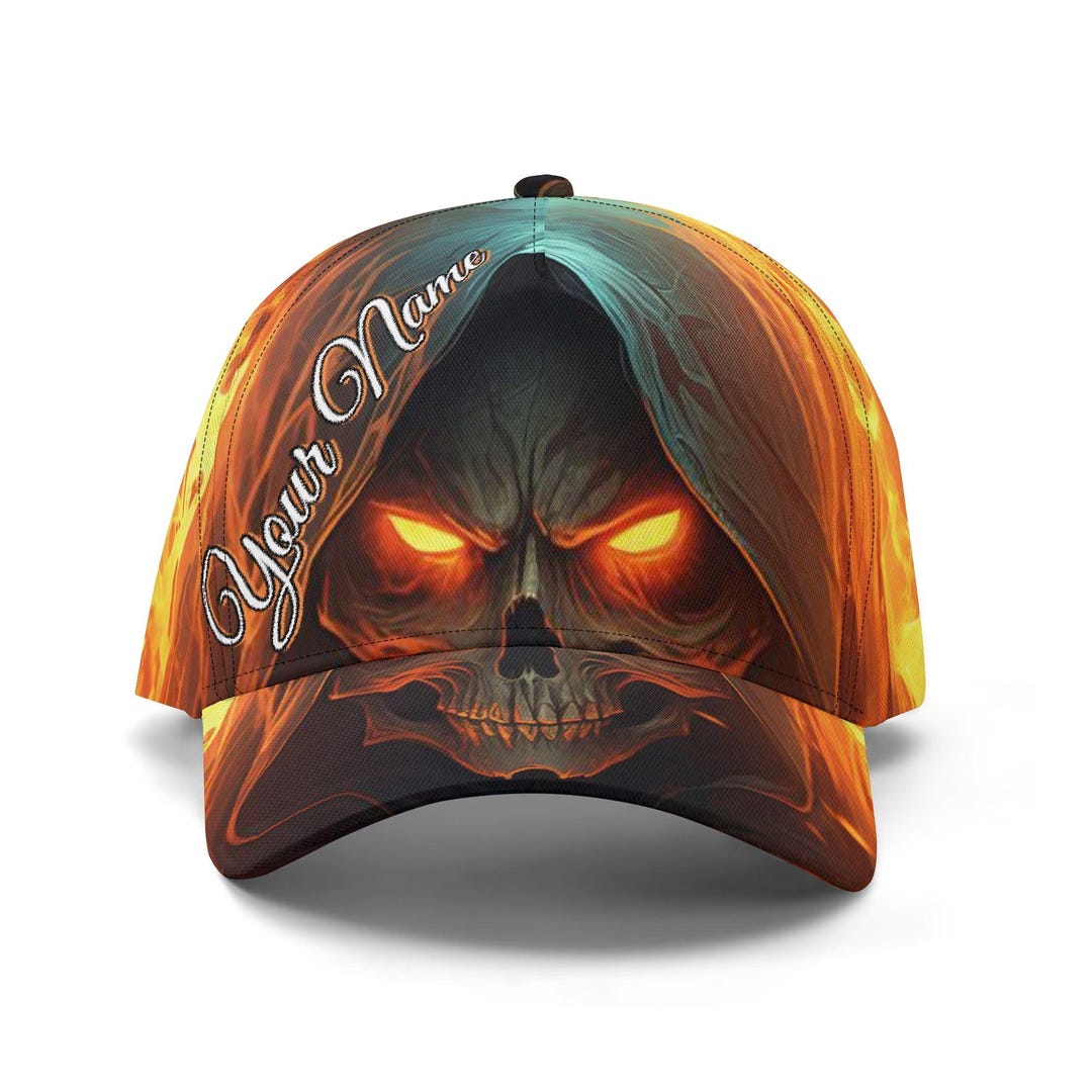 Grim Reaper Skull Baseball Cap, Fire Skull Adjustable Hat Skull ...
