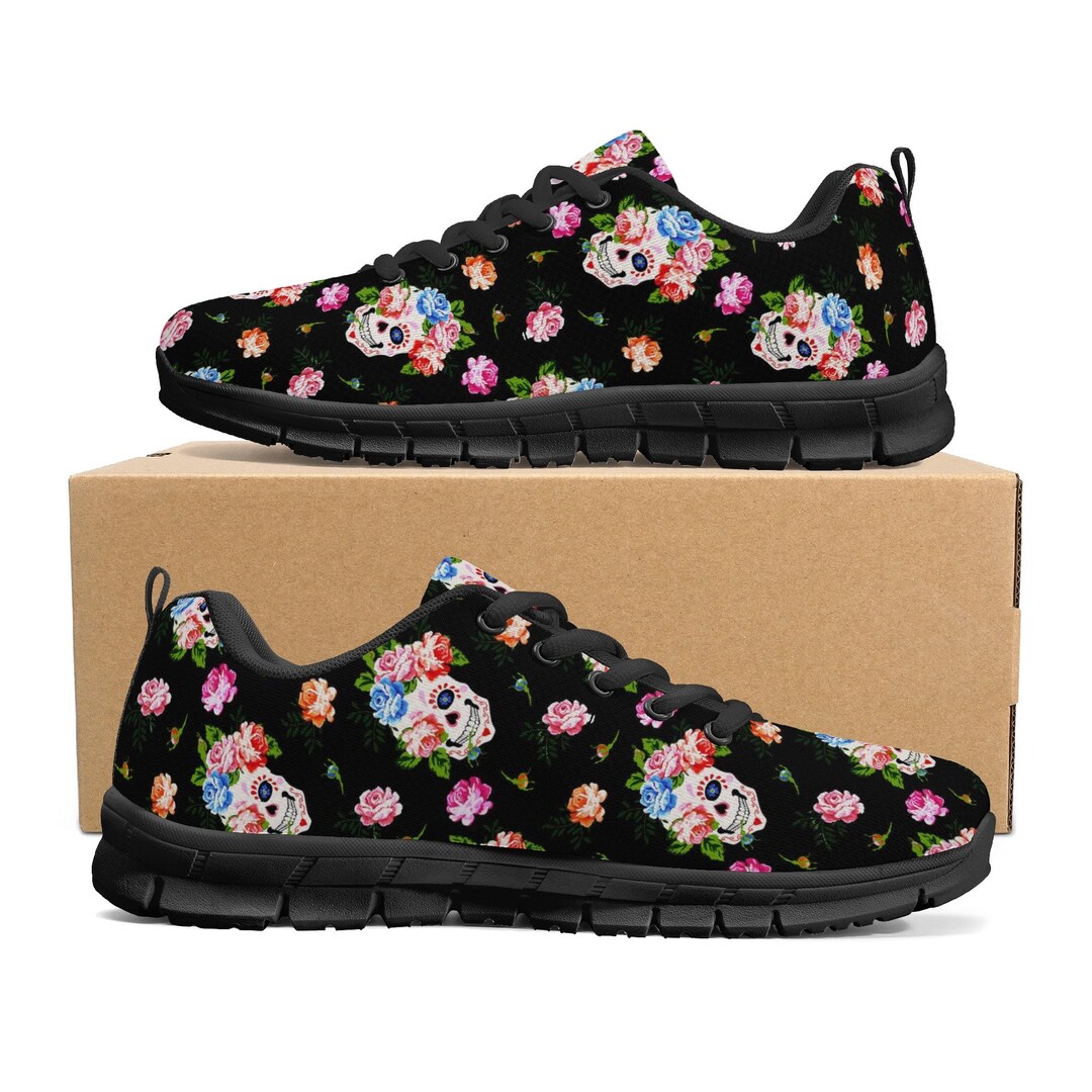 Floral Skull Running Sneakers, Skeleton Athletic Sneakers, Biker Skull ...