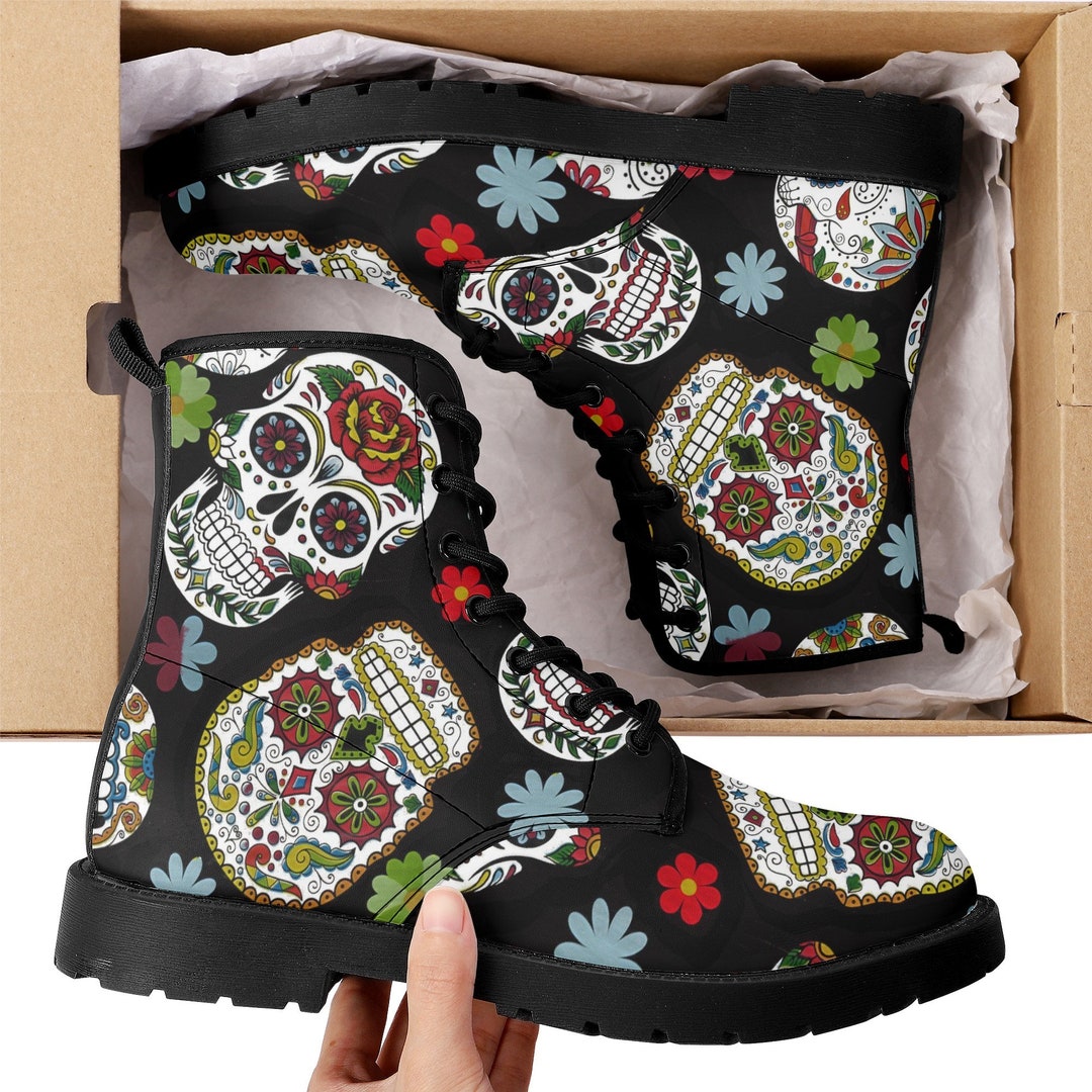 Calaveras Mexican Sugar Skull Leather Boots, Sugar Skull Boots for Men ...