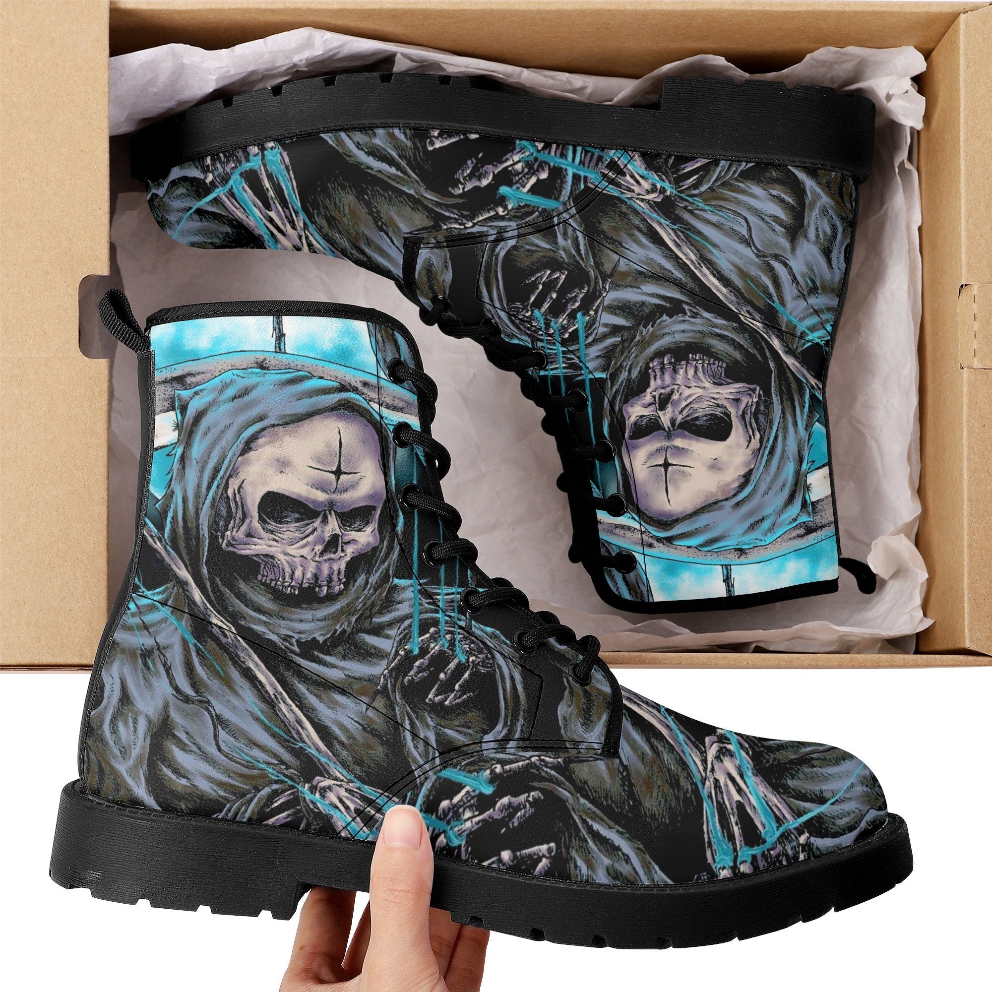 Horror Reaper Skull Boots Streetwear Shoes, Gothic Punisher Skull Boots ...
