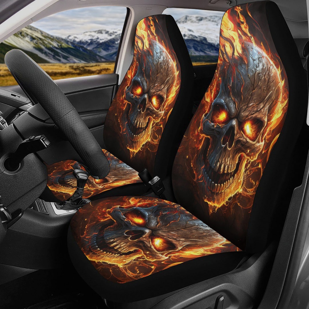 Flaming Skull Mat for Vehicles, Floral Skull Seat Cover for Truck ...