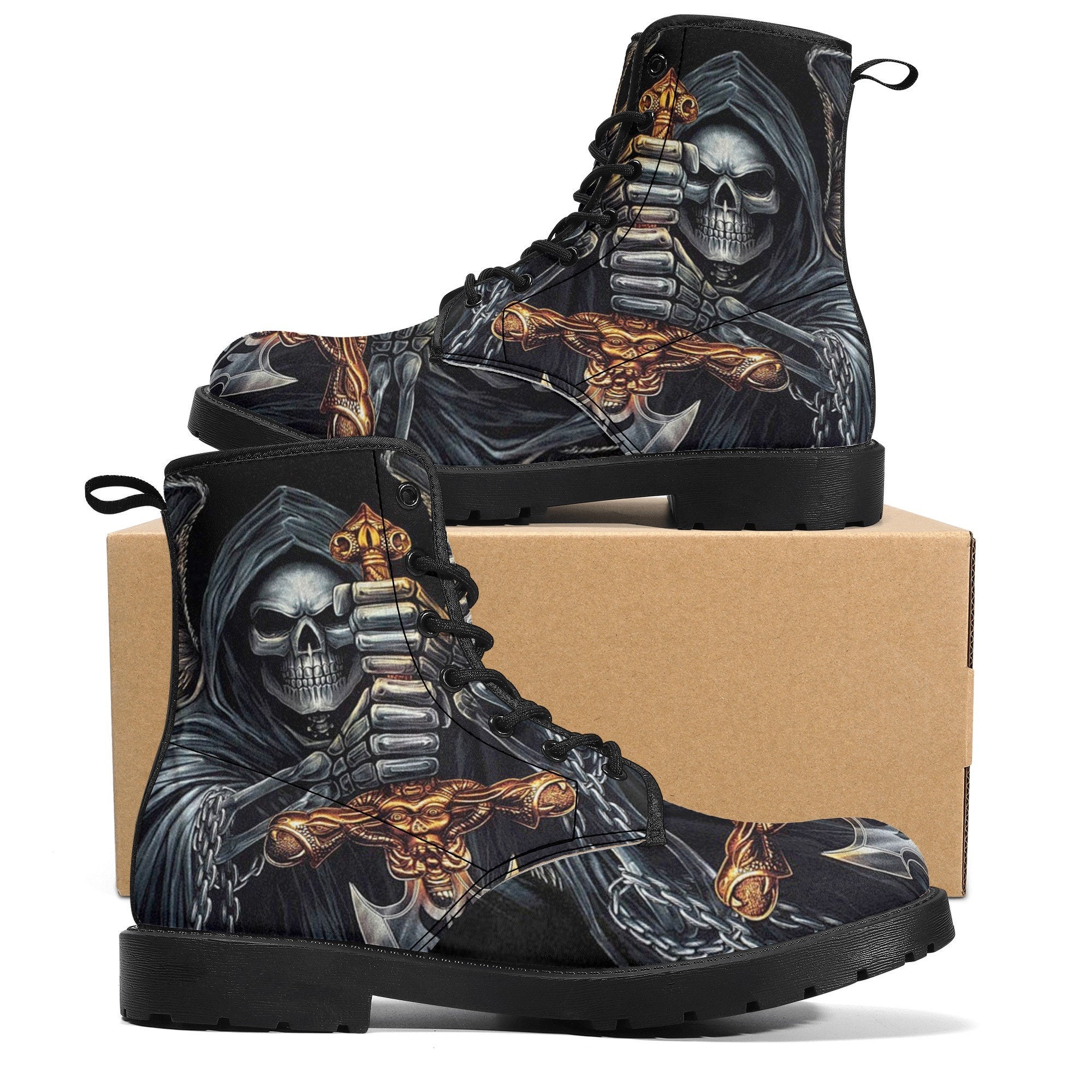 Grim Reaper Skull Sword Boots for Men Women Shoes, Gothic Skull Boots ...