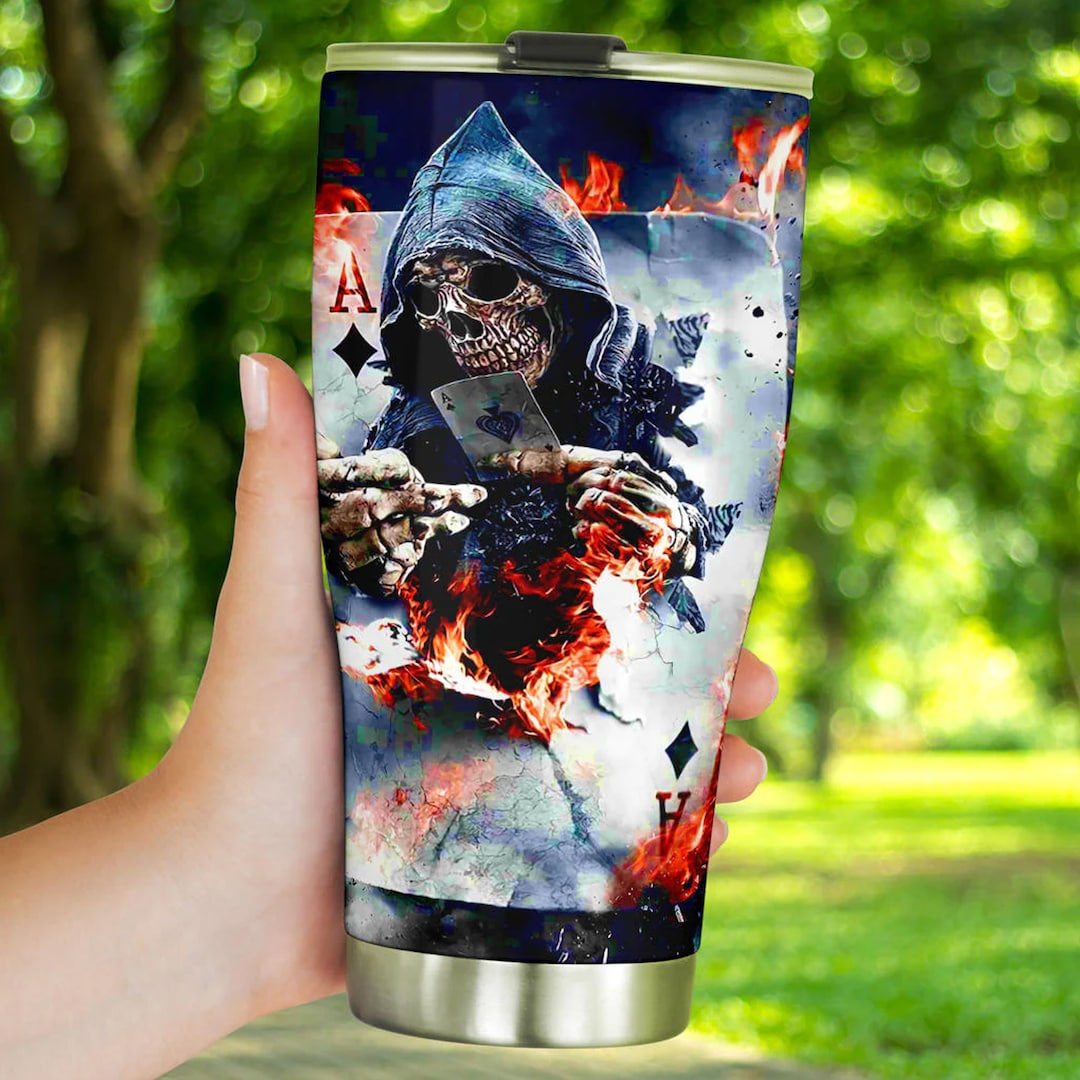 Grim Reaper Travel Mug, Flame Skull Mug, Floral Skull Tumbler Cup Mug ...