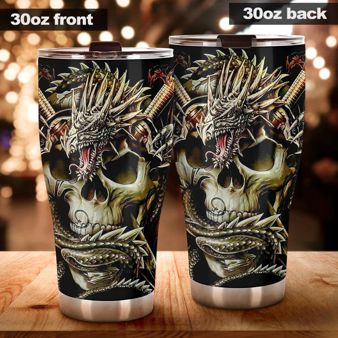 Dragon Skull Tumbler Cup Mug, Skull in Fire Coffee Mug, Evil Beer Mug ...