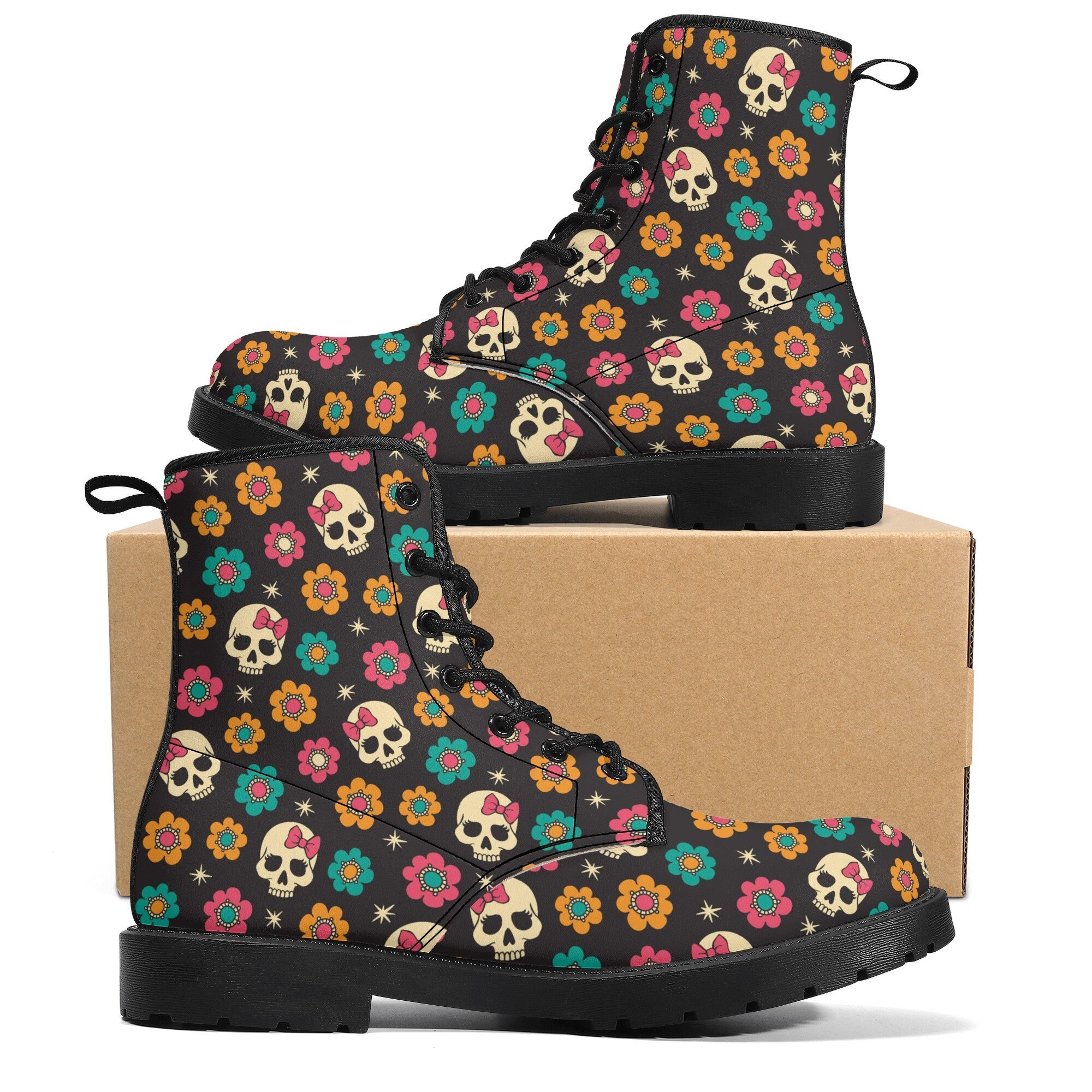 Floral Skull Halloween Goth Skull Boots Gothic Skull Leather Boots ...