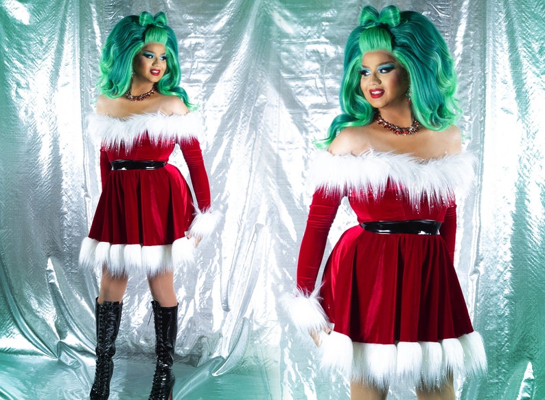 Drag Queen Christmas Santa Dress With Tinsel Fur - Etsy