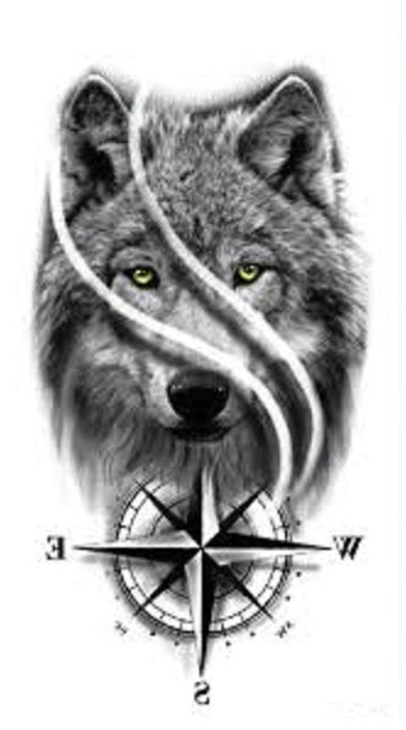 Wolf With Compass Temporary Tattoo - Etsy
