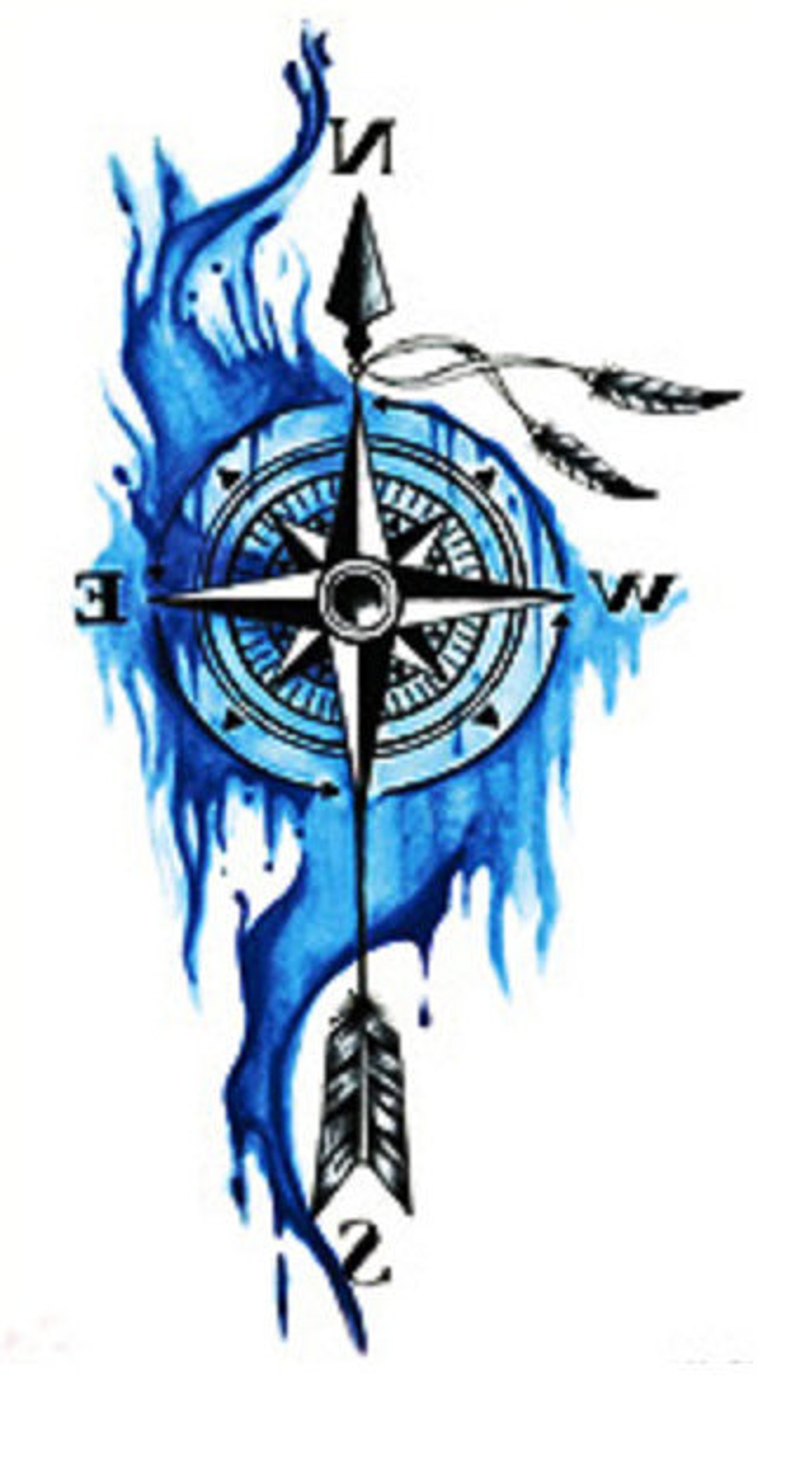 Blue Fire Compass With Feather Temporary Tattoo - Etsy