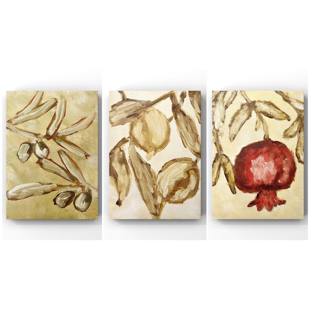 3 Pieces Art Set Original Oil Painting for Kitchen Triptych Art Olive ...