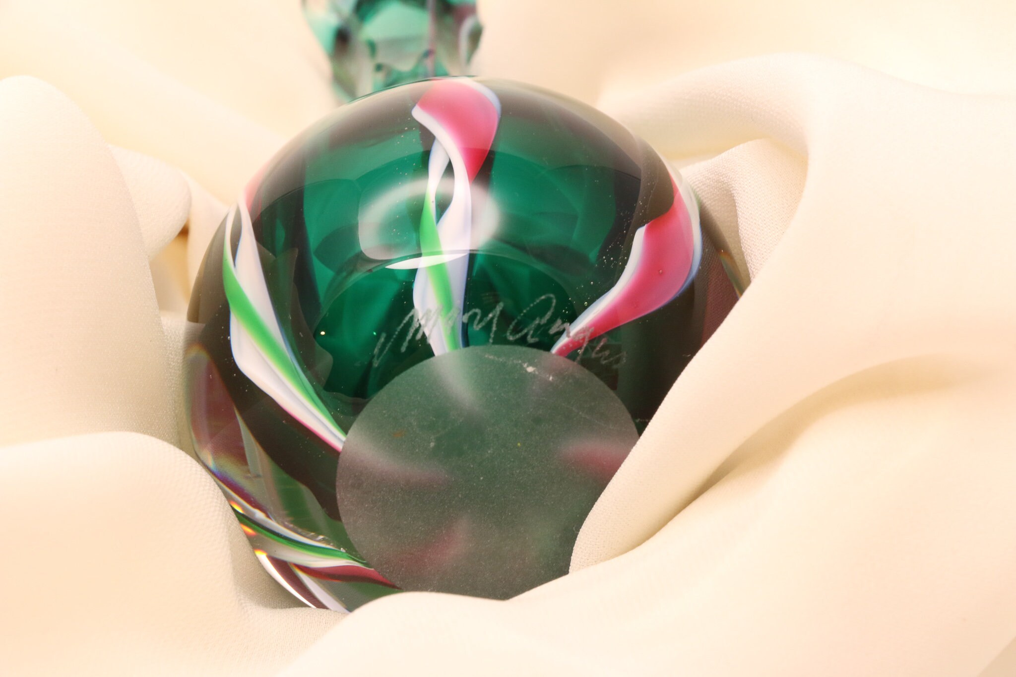 Mary Angus Handmade Glass Perfume Bottle Green Core W/ Cranberry, White ...