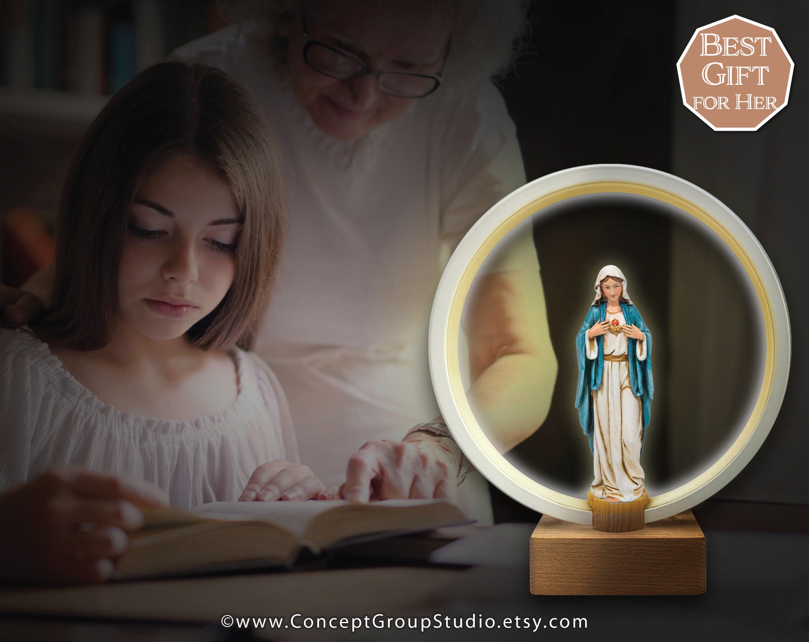 Virgin Mary Statue Lamp Immaculate Heart of Mary Wood Base - Etsy