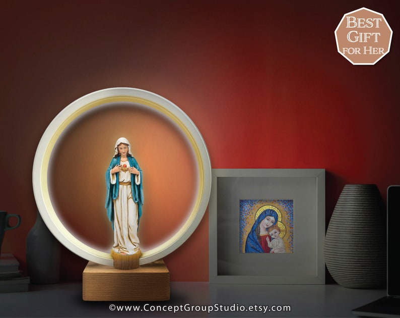 Virgin Mary Statue Lamp, Immaculate Heart of Mary, Wood Base, Round Led ...