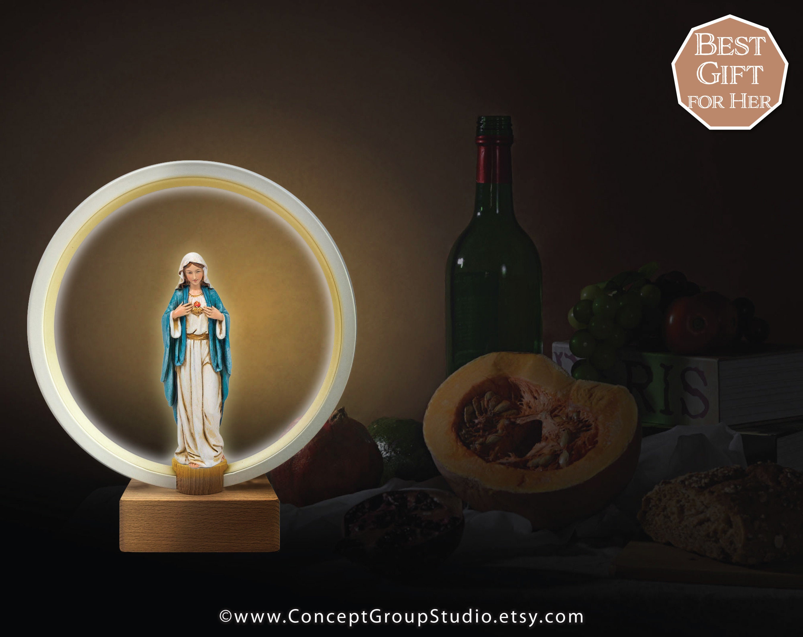 Virgin Mary Statue Lamp, Immaculate Heart of Mary, Wood Base, Round Led ...