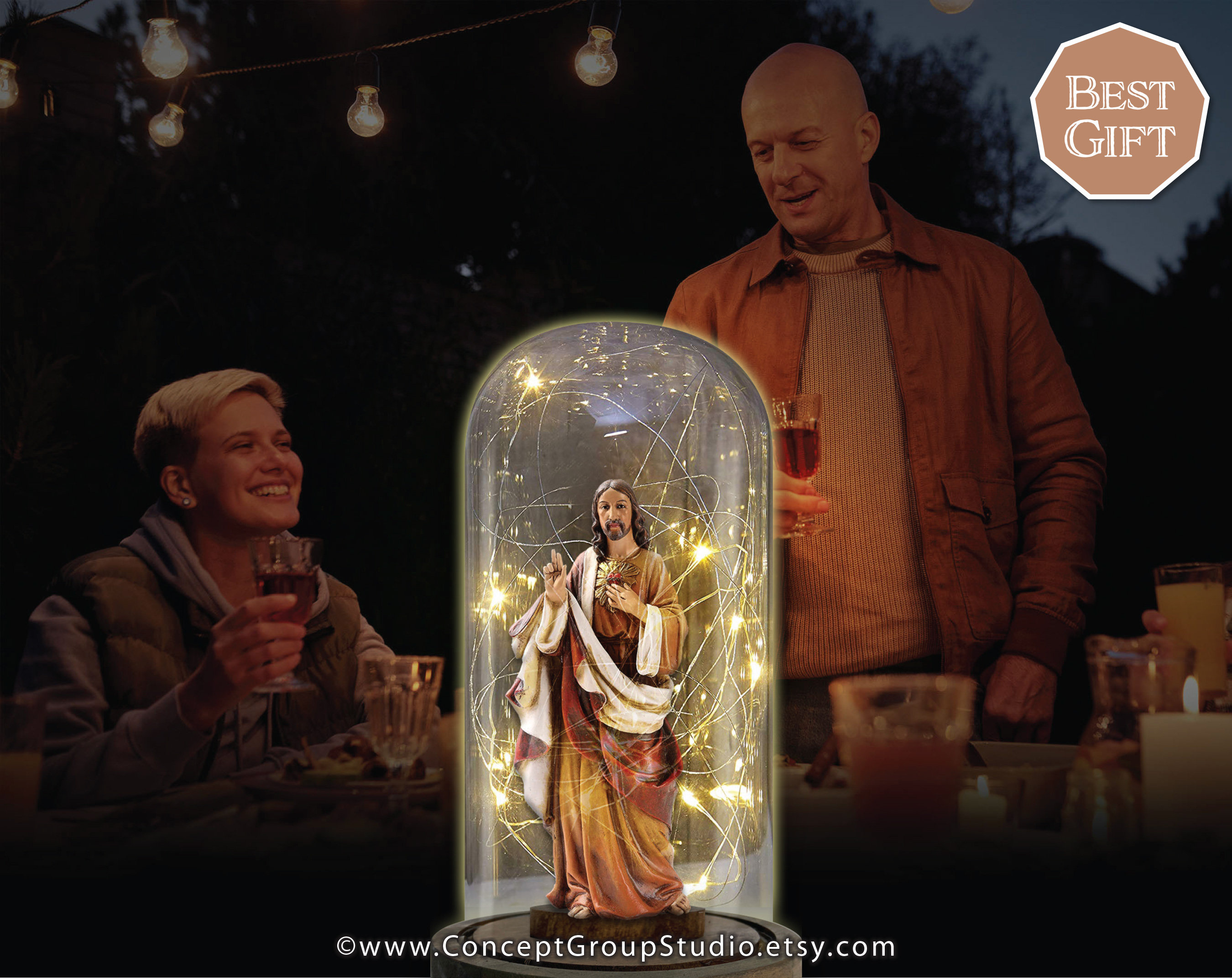Jesus Christ Statue Table Lamp W/ LED String Fairy Lights, Glass Dome ...
