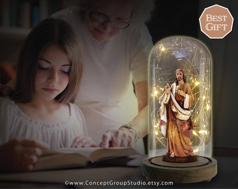 Jesus Christ Statue Table Lamp W/ LED String Fairy Lights, Glass Dome ...