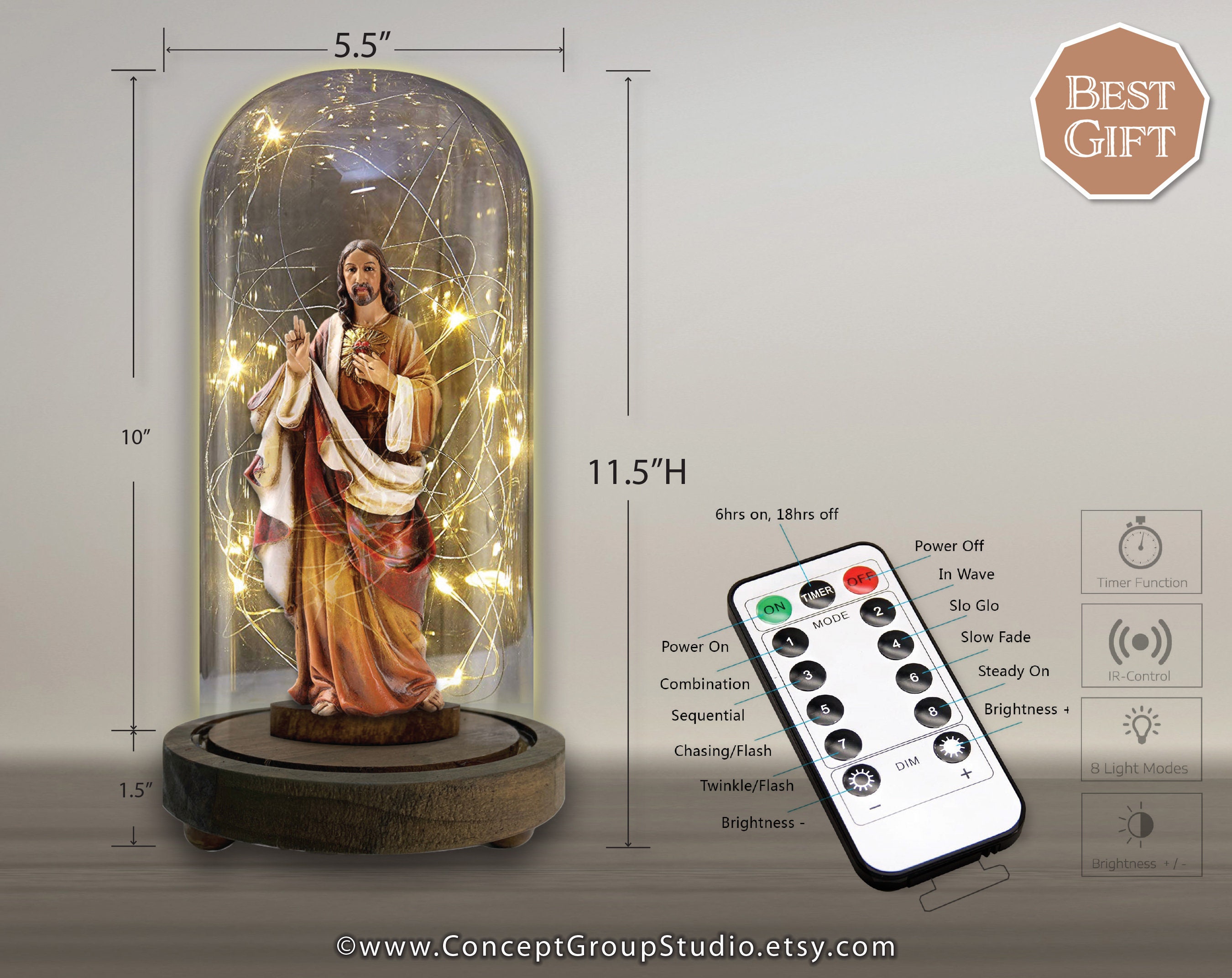 Jesus Christ Statue Table Lamp W/ LED String Fairy Lights, Glass Dome ...