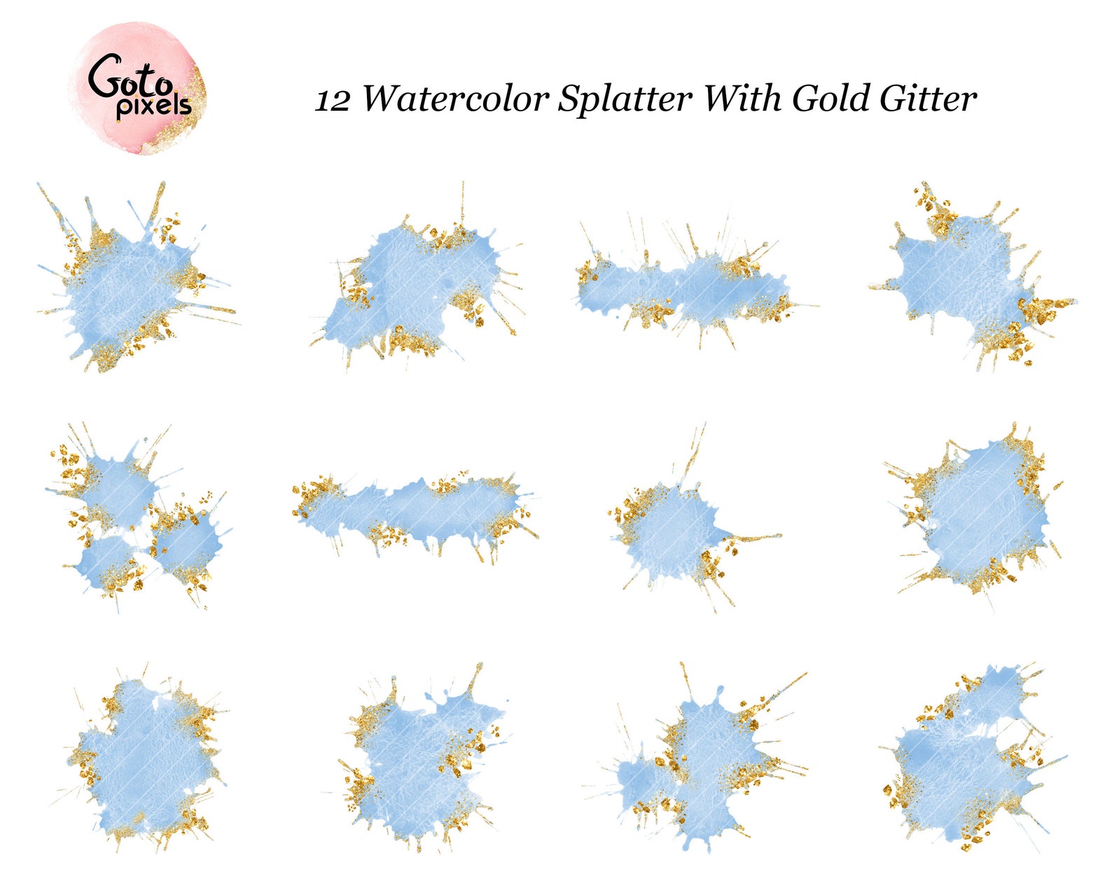 Blue Watercolor Splash Clipart With Gold Glitter Watercolor - Etsy