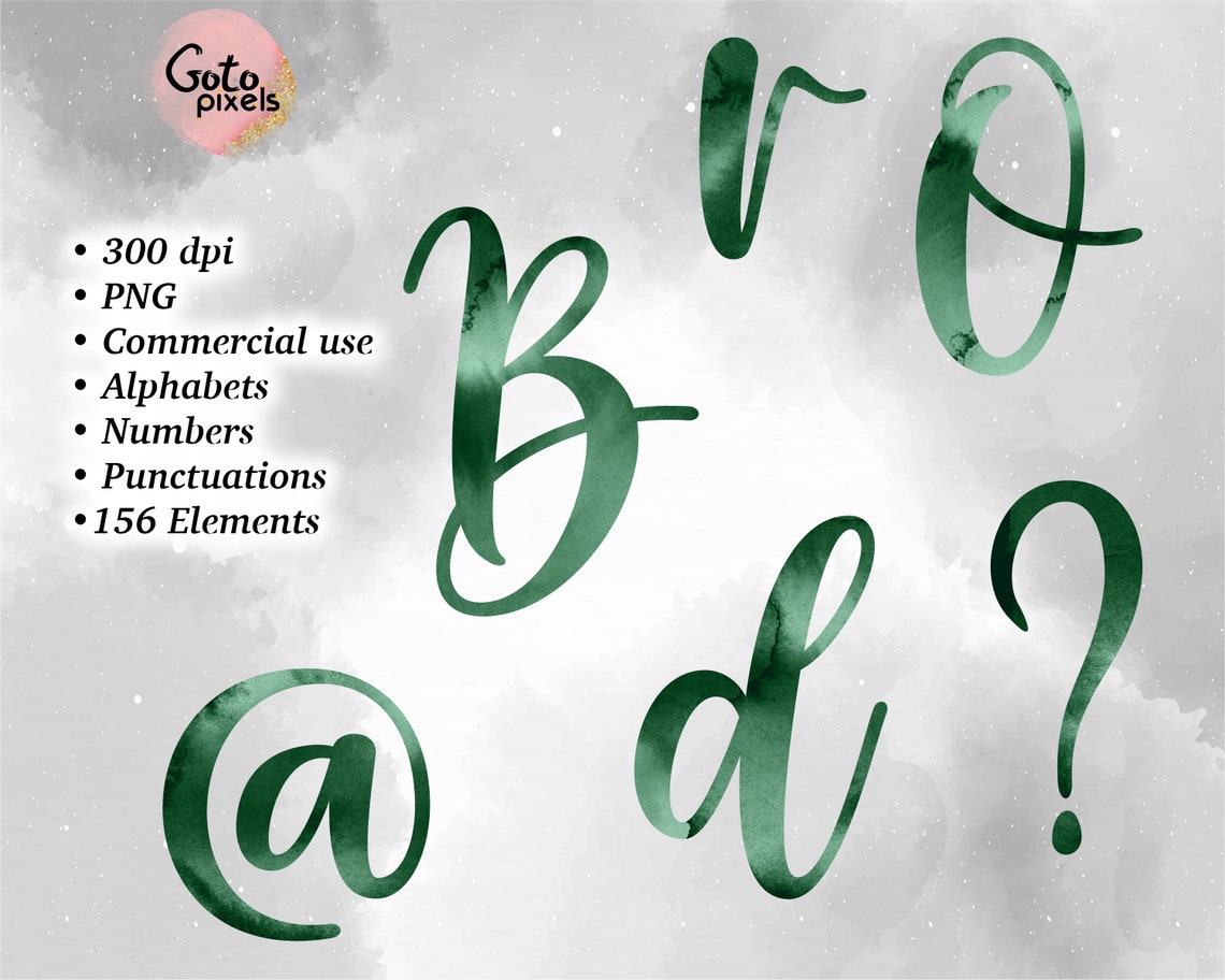 Emerald Watercolor Alphabet Clipart Gold Glitter Watercolor - Etsy