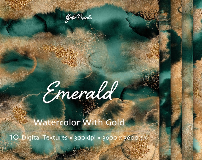 Emerald Green Digital Paper Clipart, Watercolor Digital Papers, Gold ...