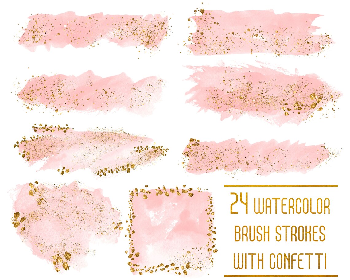 Pink Watercolor Brush Strokes Gold Confetti Gold Design | Etsy
