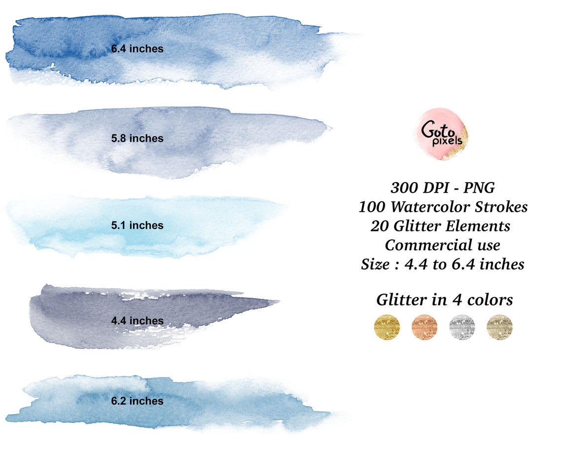 Blue Watercolor Brush Strokes Clipart Blue and Gold - Etsy