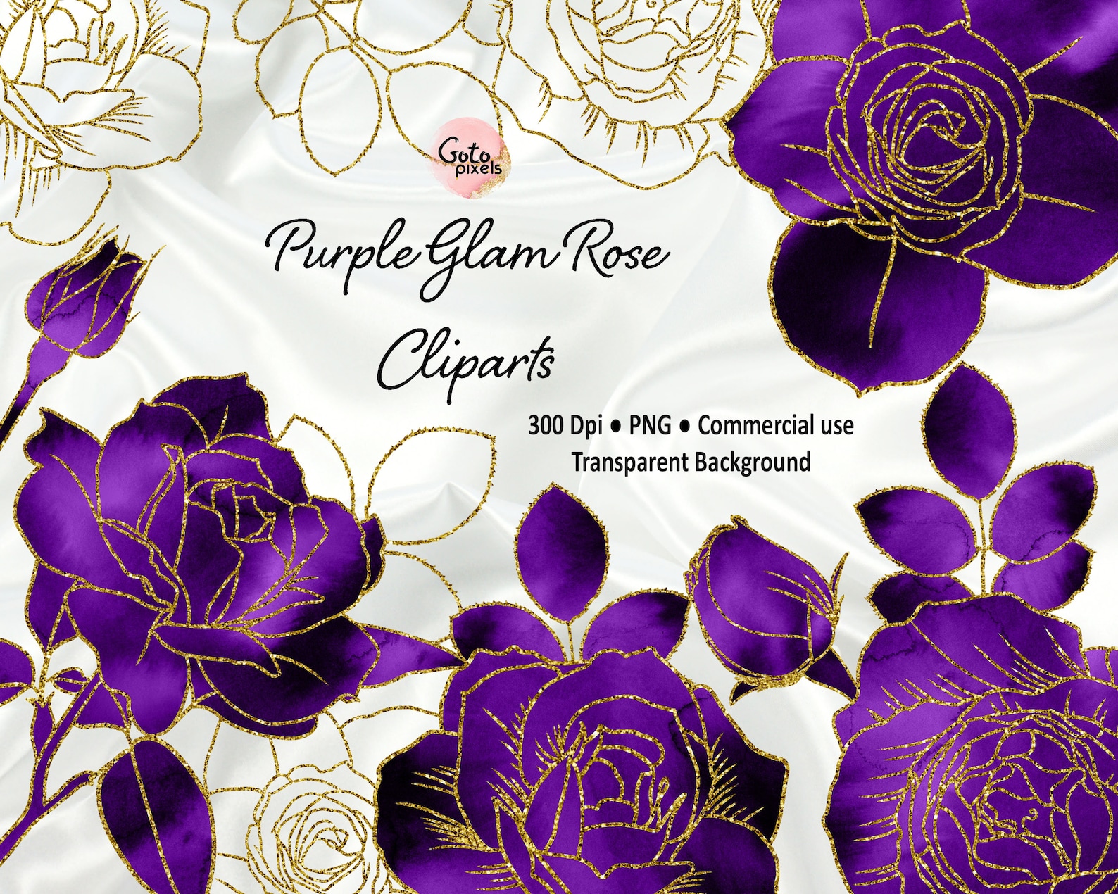 Purple Watercolor Rose Clip Art: Gold Glitter Flower PNG (digital ...