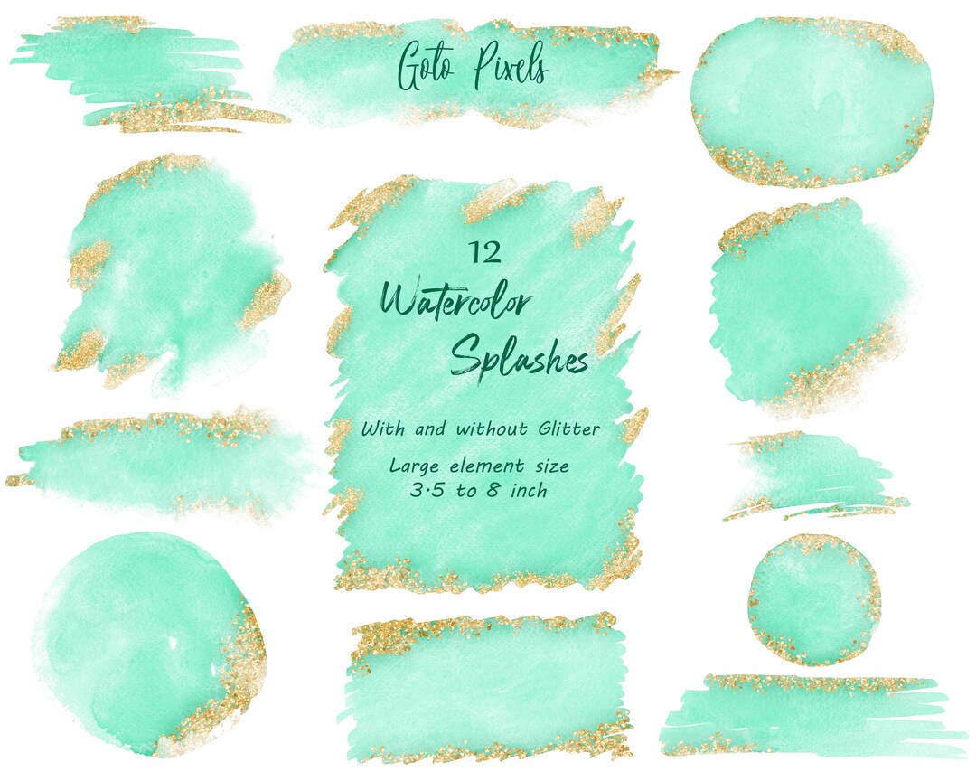 Mint Watercolor Glitter Clipart: Splashes & Splotches (digital PNG ...