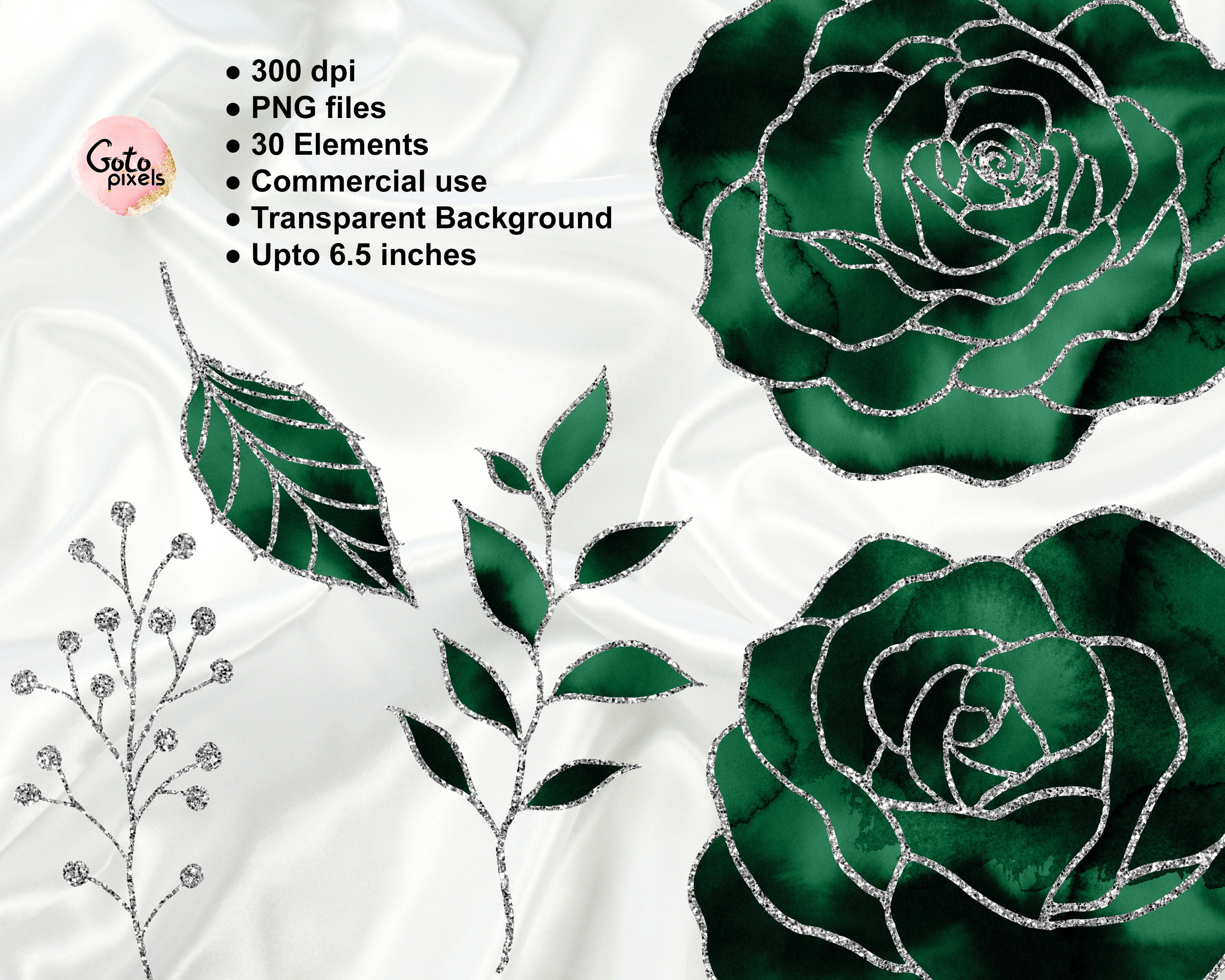 Emerald Rose Clipart: Watercolor Silver Glitter Flowers (digital ...