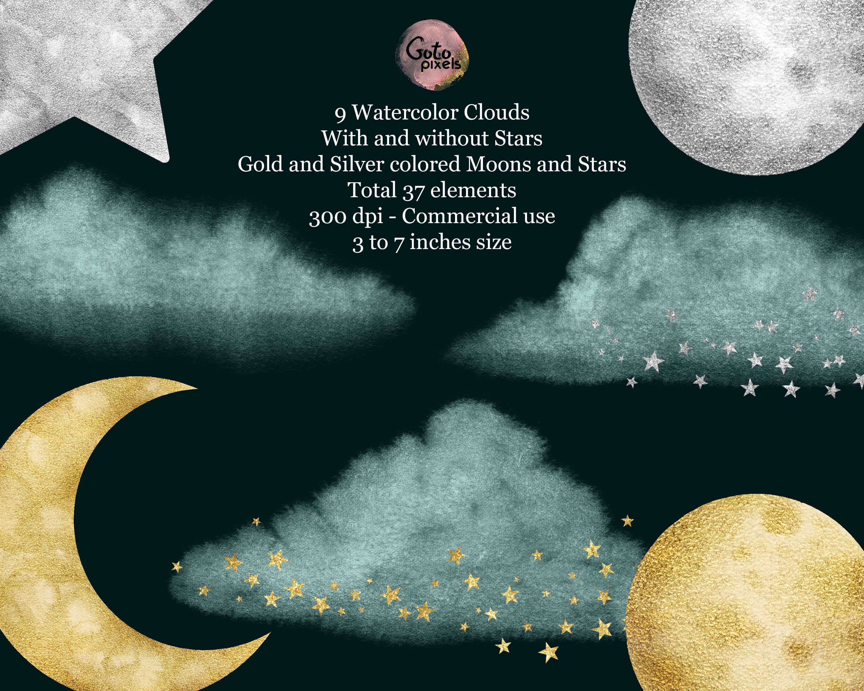 Aqua Blue Watercolor Clouds Clipart With Gold Stars Glitter - Etsy