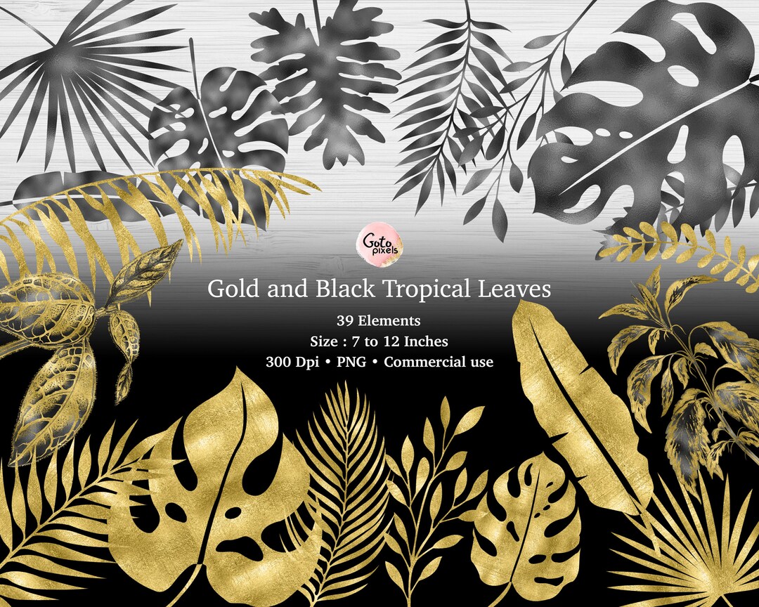 Gold & Black Tropical Leaves Clipart: PNG Graphics, Commercial Use ...