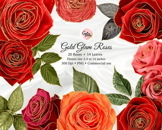 Red Rose Clip Art With Gold Glitter Rose Digital Instant | Etsy