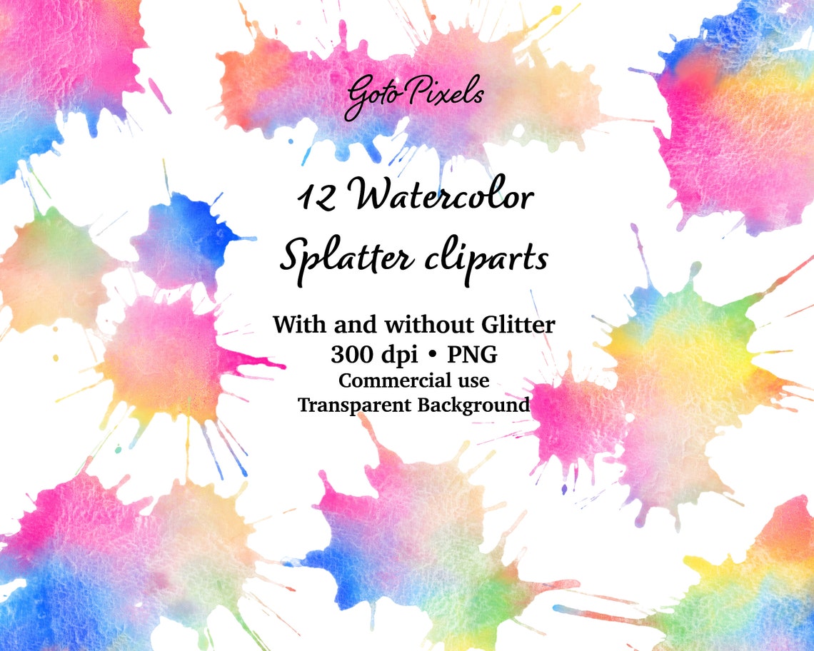 Rainbow Watercolor Splatter Clipart: Glitter Splash Backgrounds (PNG ...