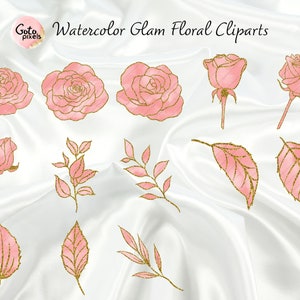 Pink Watercolor and Gold Glam Rose Clip Art, Digital Instant Download ...