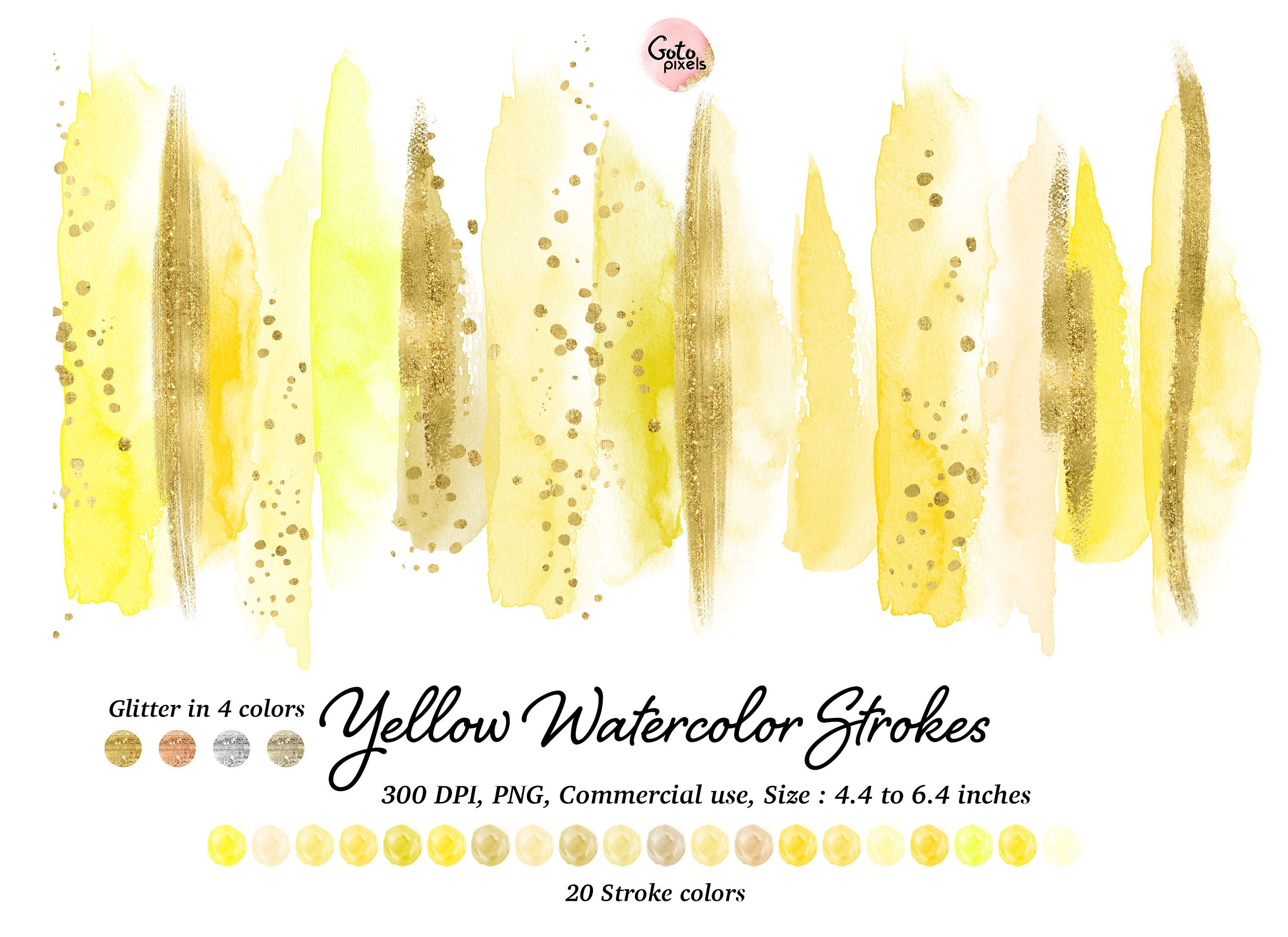 Yellow Watercolor Brush Strokes Clipart: Gold Glitter Accents (PNG ...