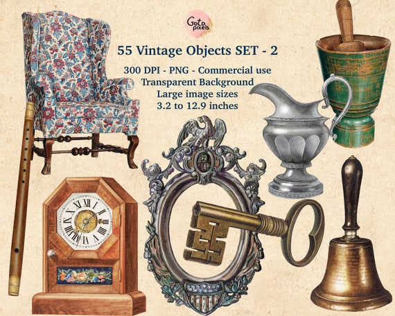 55 Old Things Clip Art Vintage Antique Objects and Overlays - Etsy