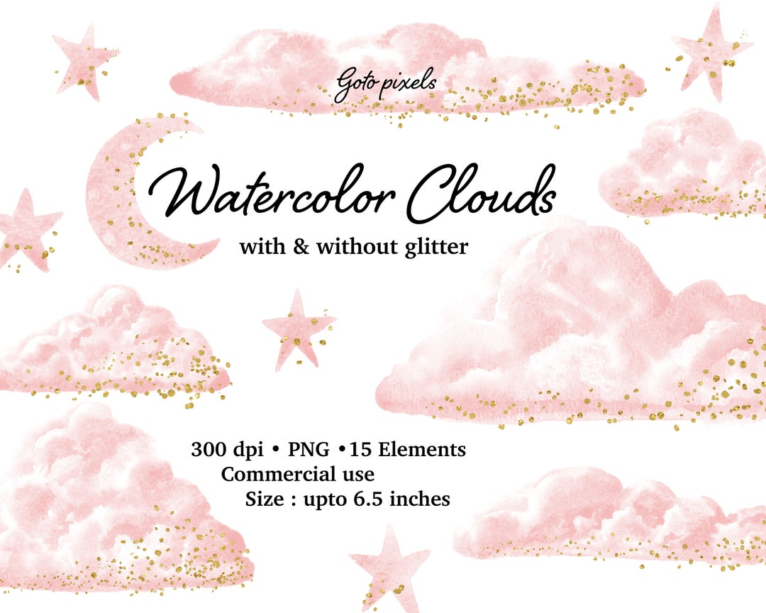 Pink Watercolor Clouds Clipart With Gold Glitter, Glitter Clouds Clip ...