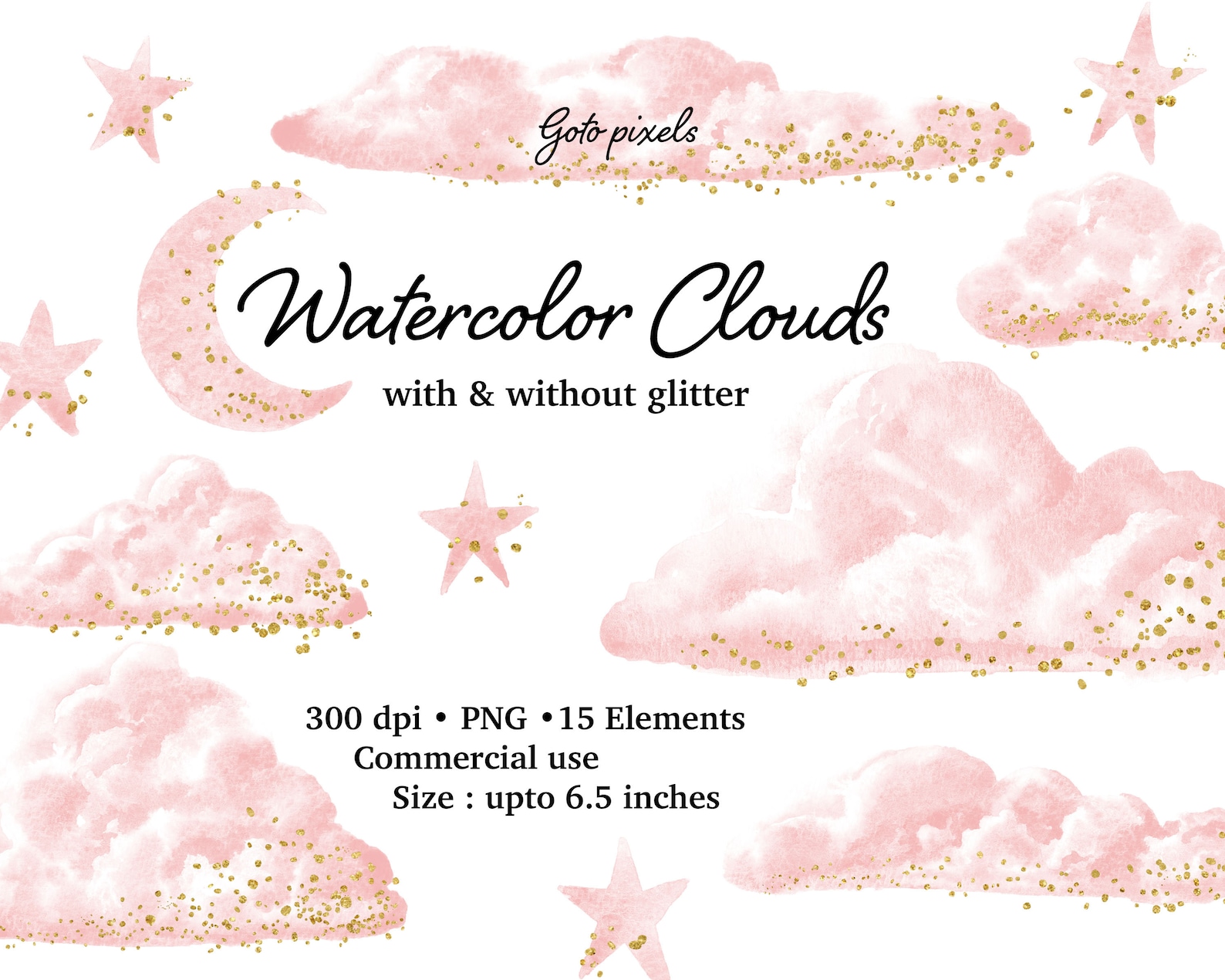 Pink Watercolor Clouds Clipart With Gold Glitter Glitter - Etsy