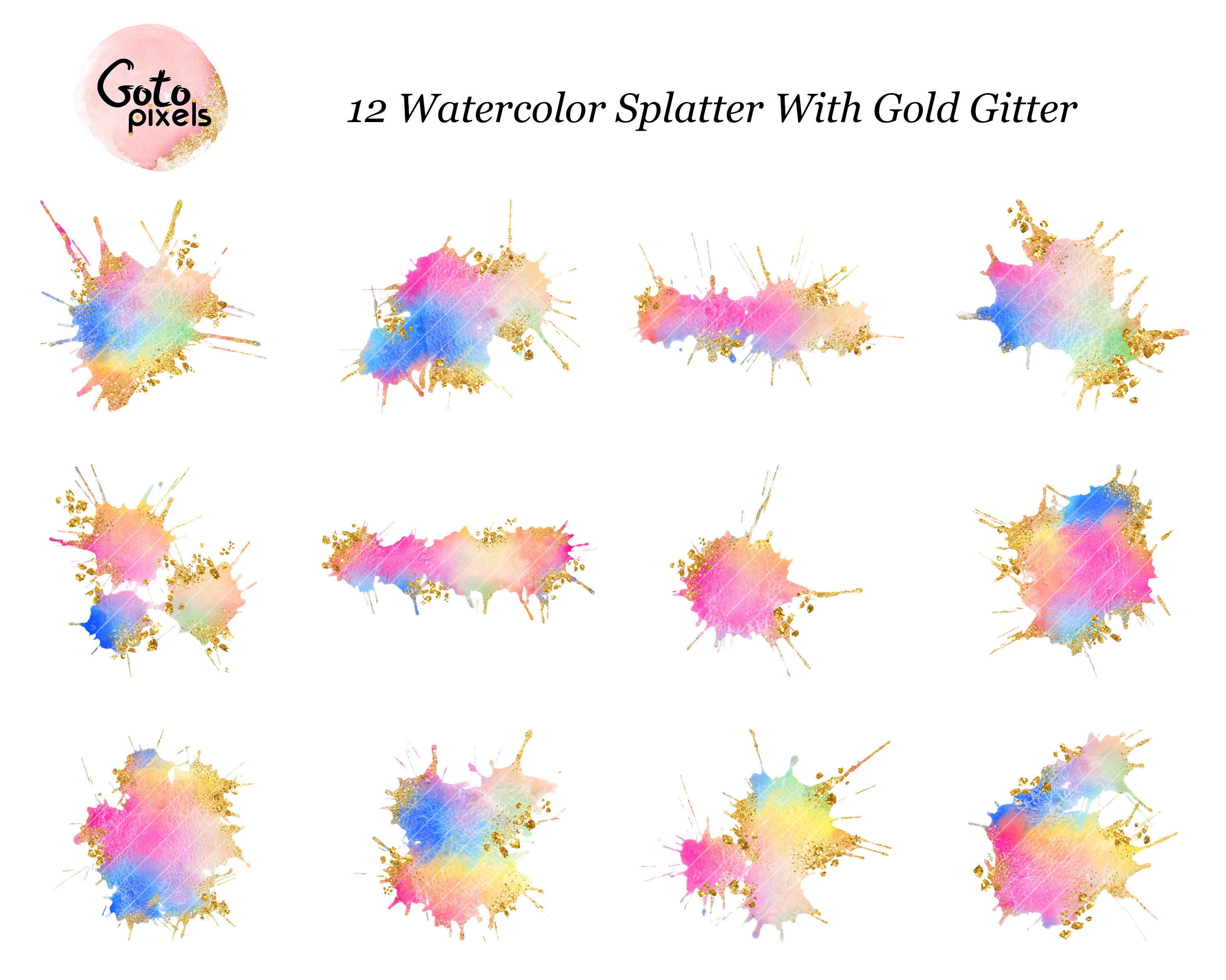 Rainbow Watercolor Splatter Clipart: Glitter Splash Backgrounds (PNG ...
